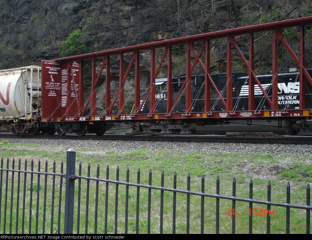 ATW 300264 Centerbeam Flatcar EB w/NS 9851 passing WB